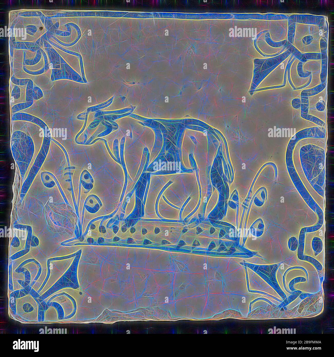 Animal tile, standing ox or cow to the left on plot between balusters ...