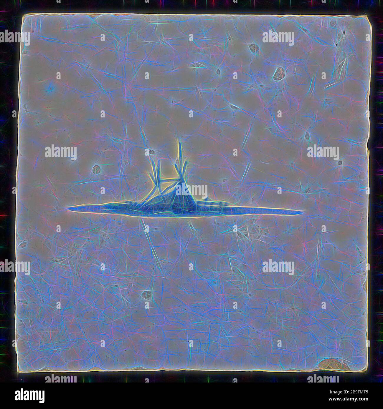 Scene tile, blue with sketch of house or tent, no corner motif, wall ...