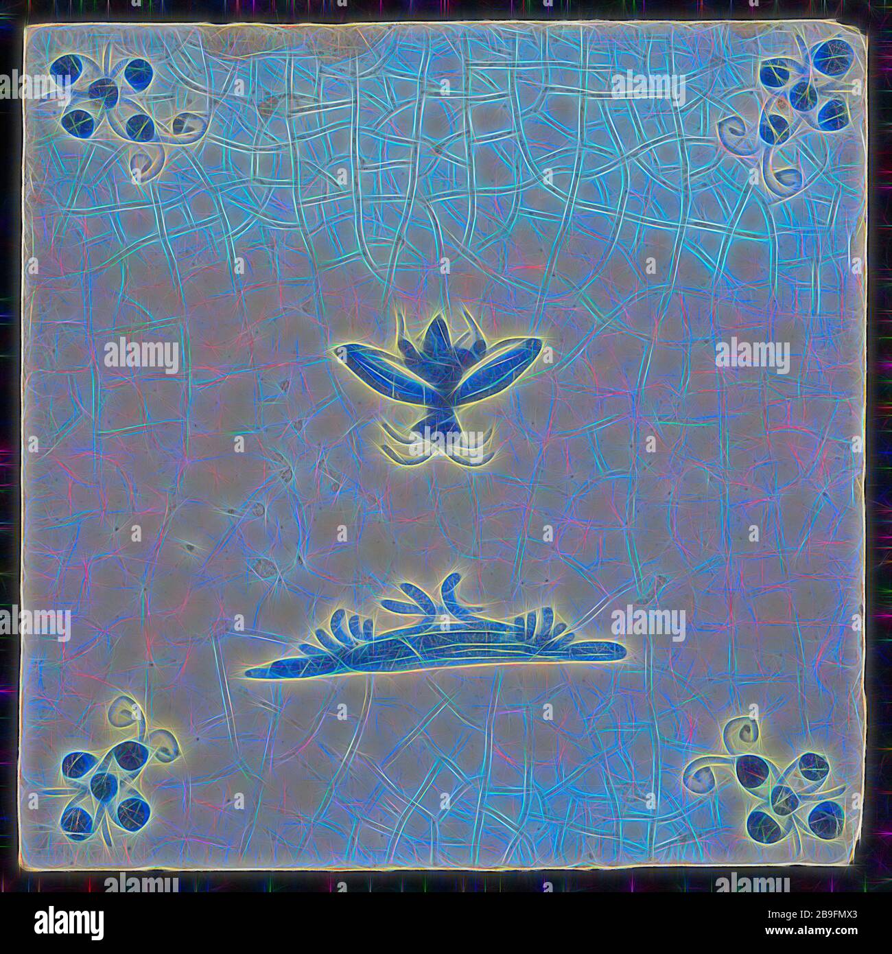 Animal tile, flying insect above ground, in blue on white, corner motif ...