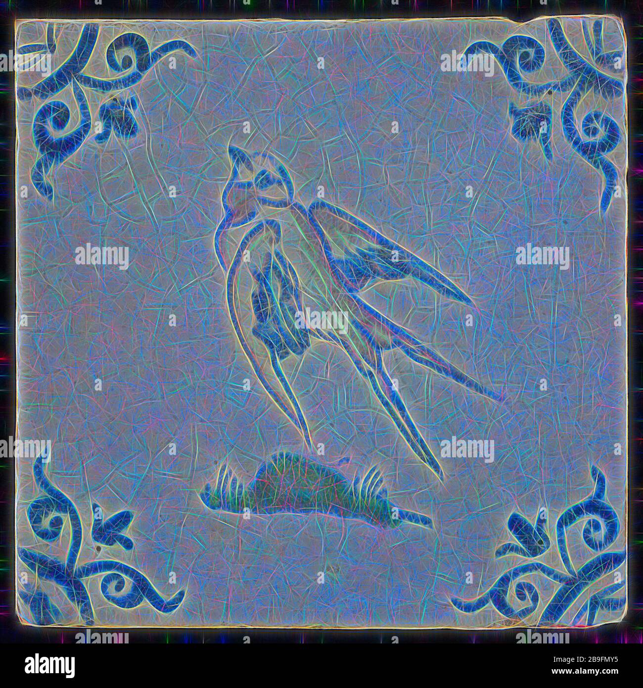 Animal tile, flying bird to the left in purple, green and blue on white ...