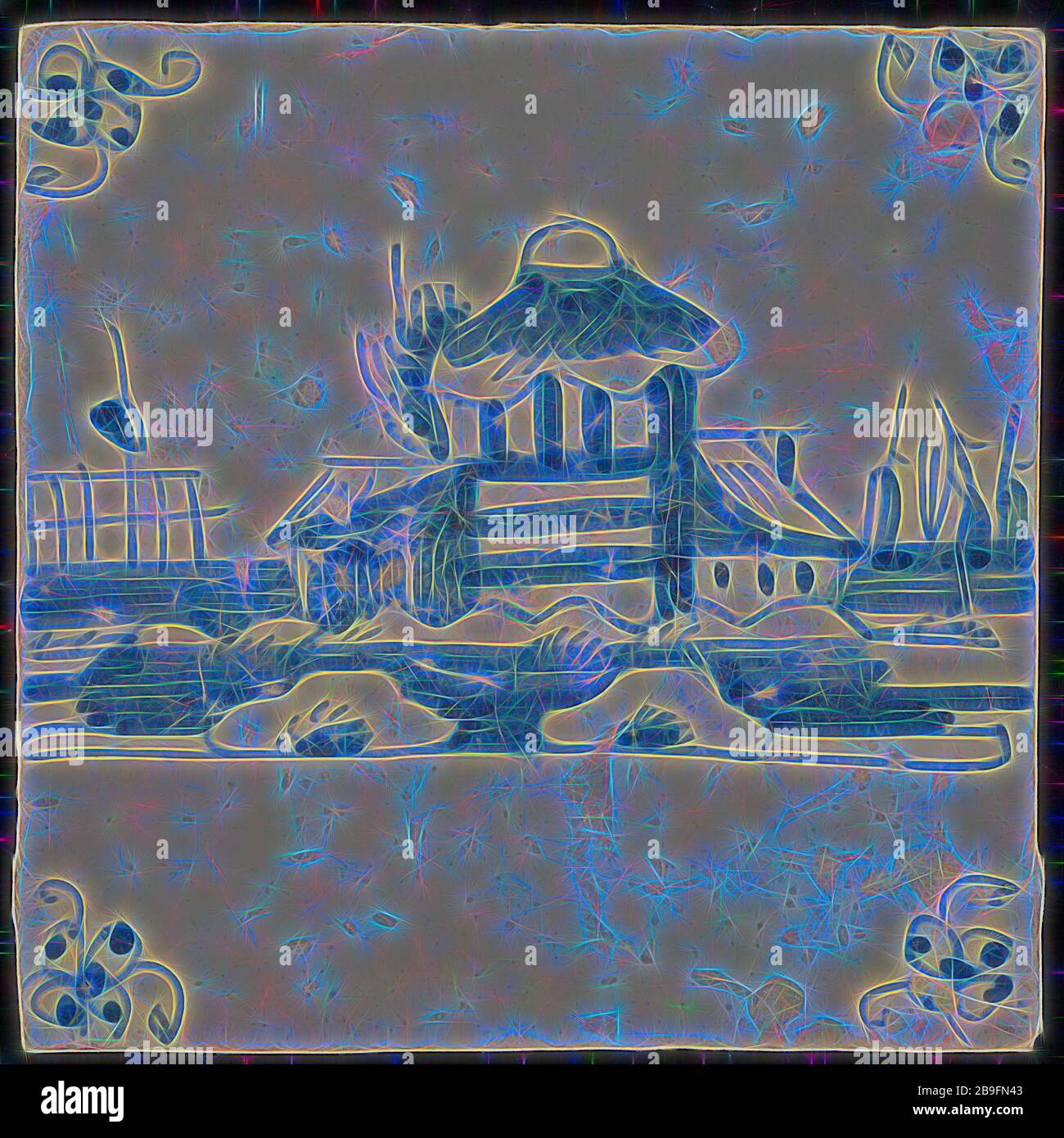 Scene tile, blue with landscape with hay barn ?, corner pattern spider ...