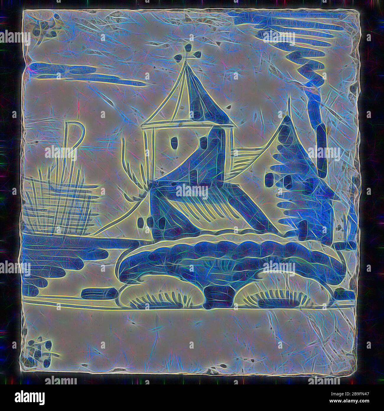 Scene tile, blue with landscape with building with round tower, corner ...