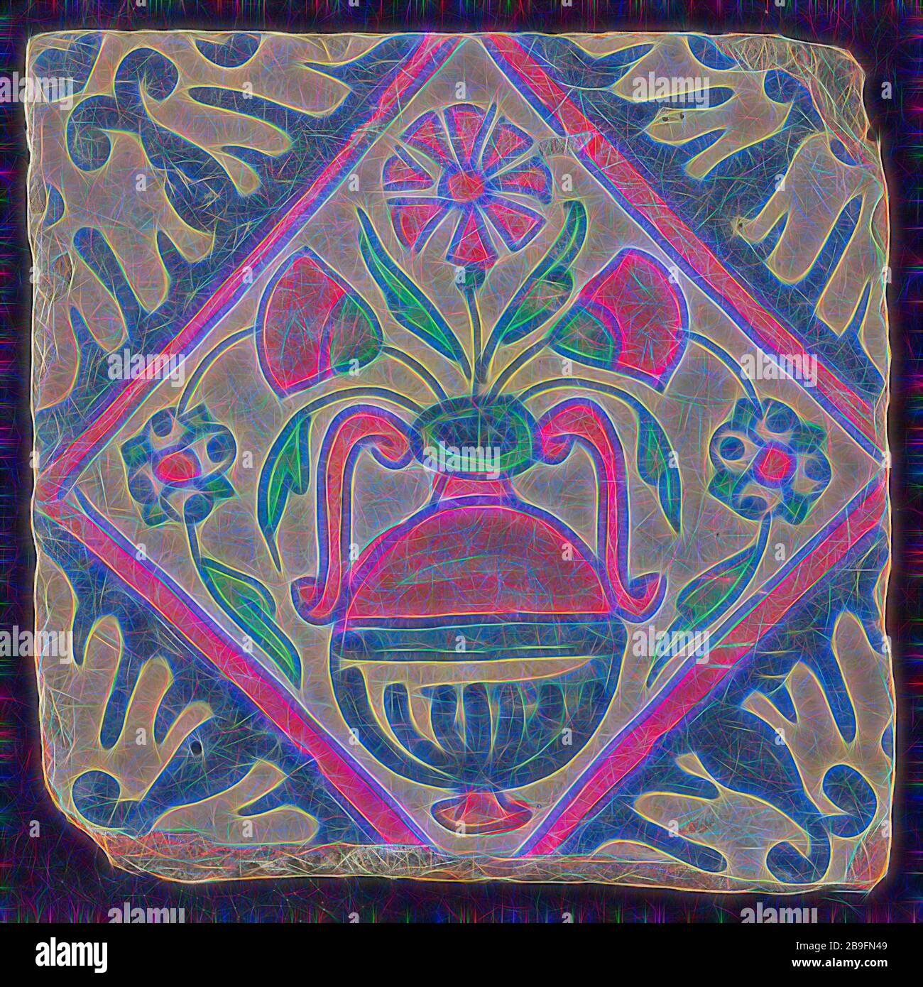 Flower tile, flowerpot in square, corner pattern palmet, wall tile tile ...