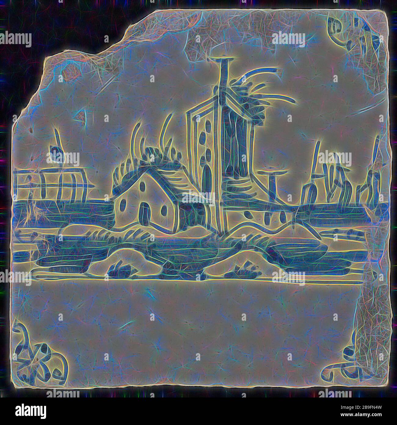 Scene tile, blue with landscape with house and tower, corner pattern ...
