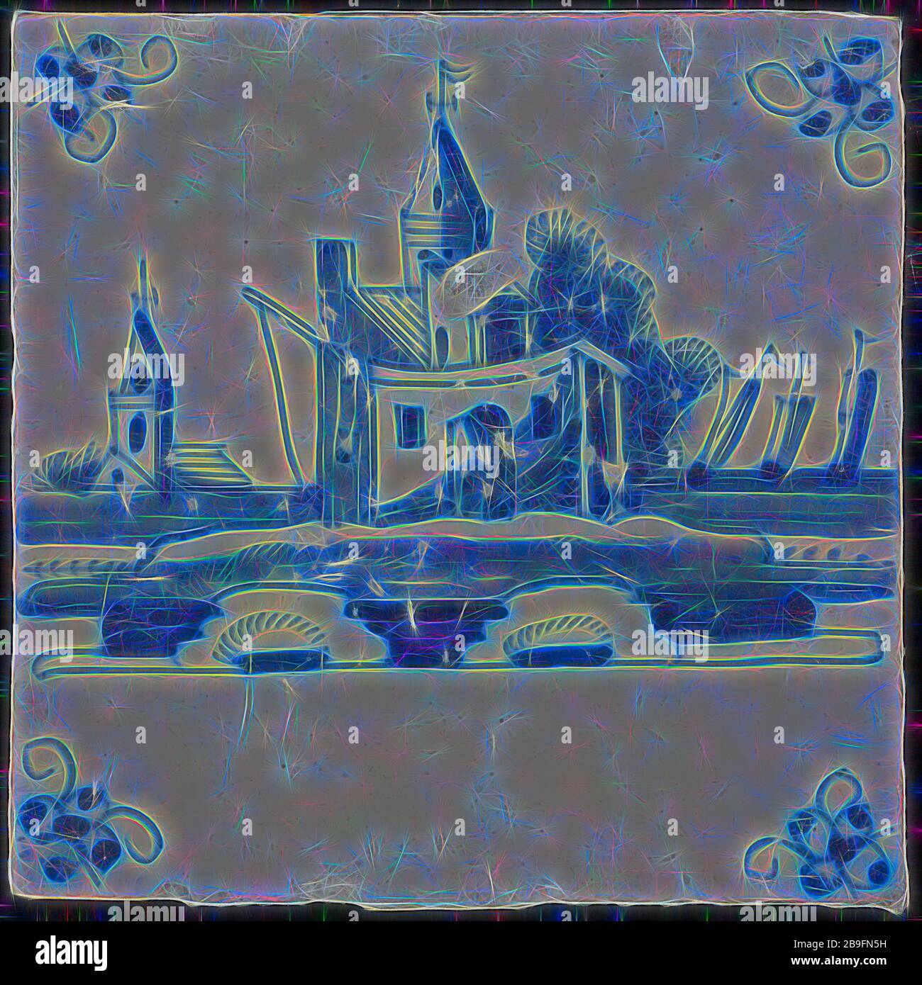 Scene tile, blue with landscape with fortress with tower, corner ...