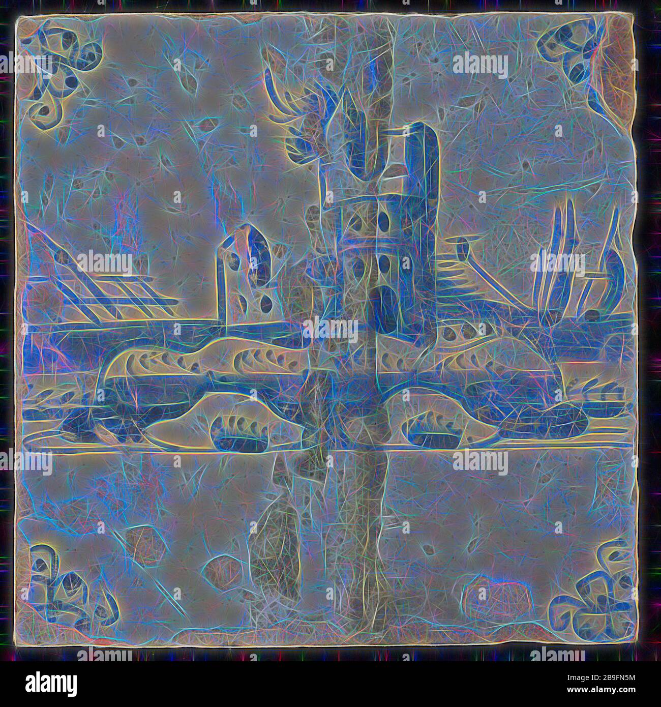 Scene tile, blue with landscape with castle ruin, corner motif spider ...