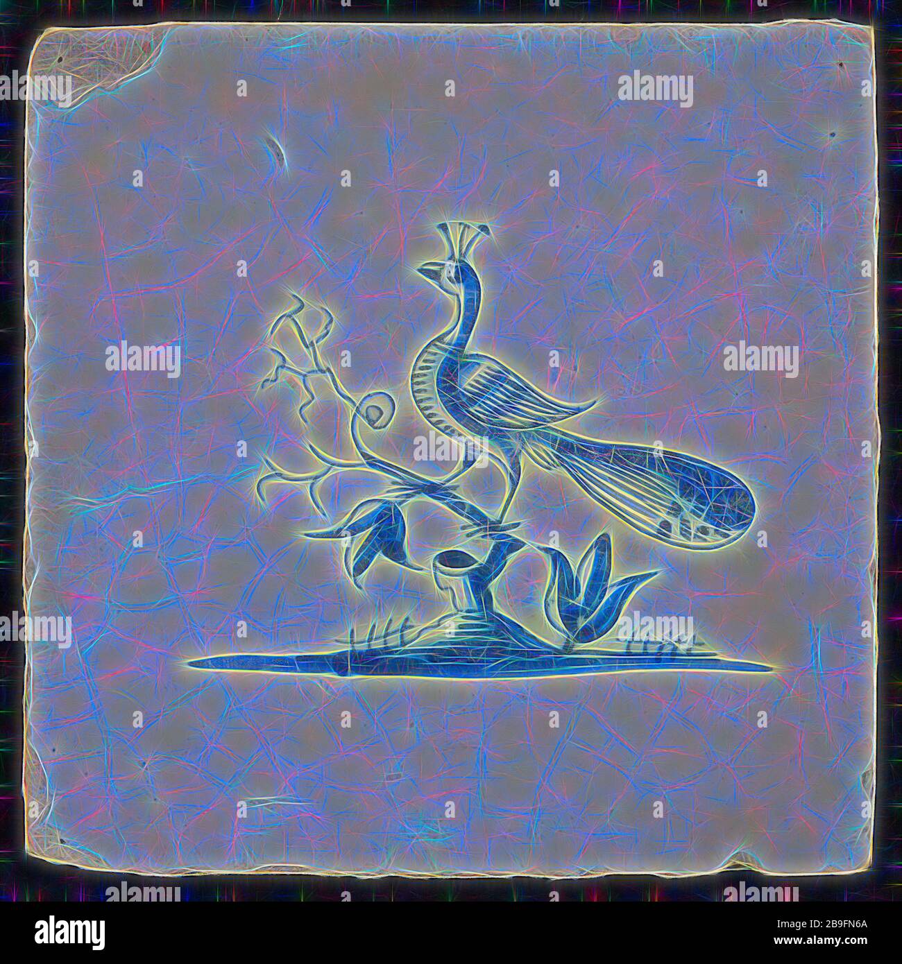 Animal tile, bird on branch on the ground to the left, blue on white ...