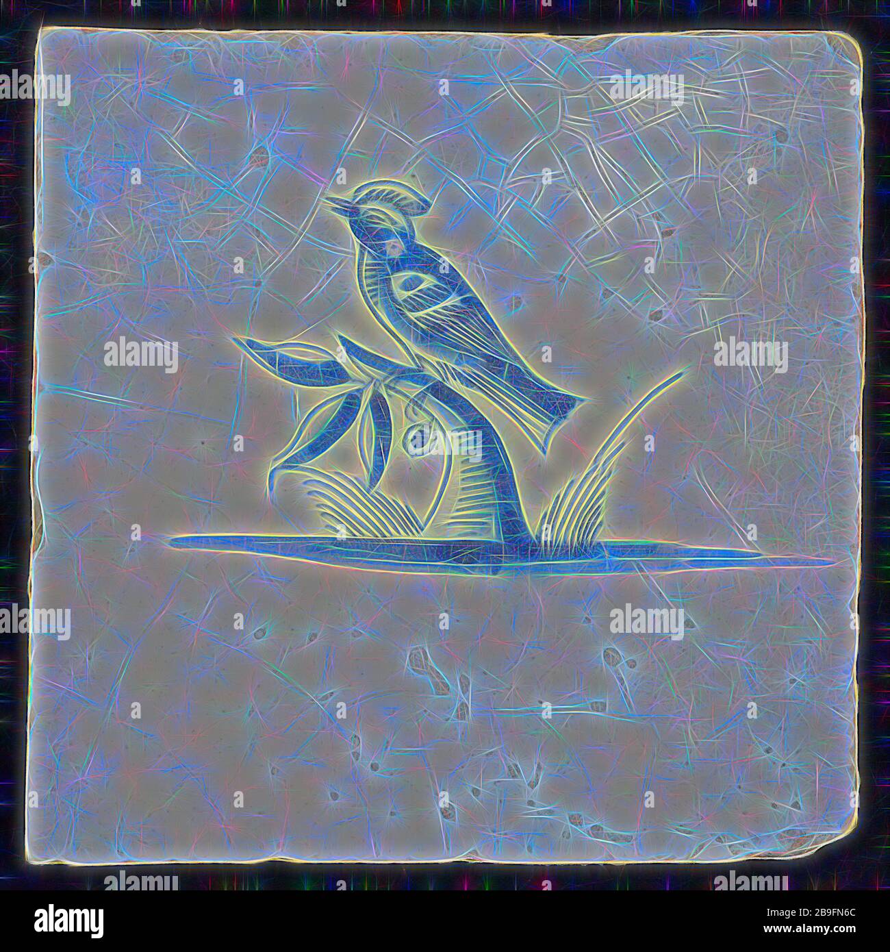 Animal tile, bird on branch to the left, in blue on white, without ...