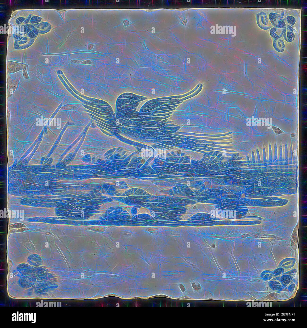 Animal tile, flying bird to the left above running water, in the ...