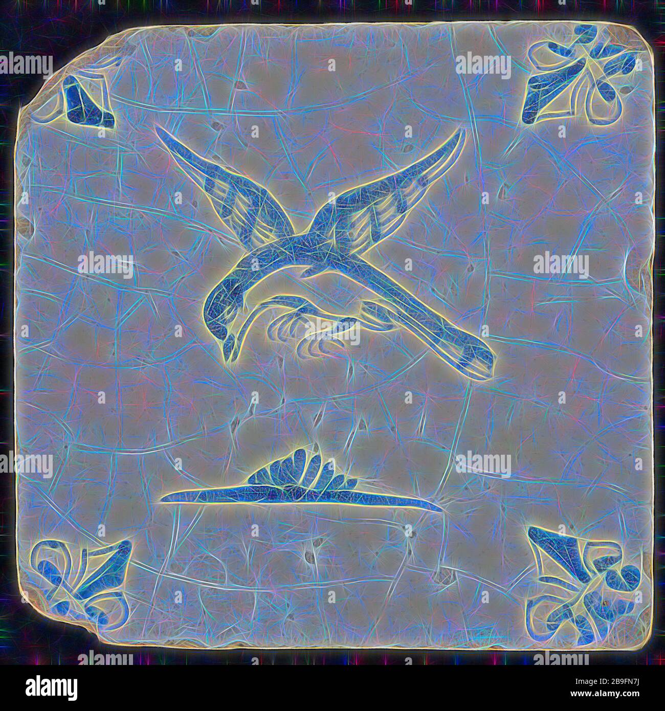 Animal tile, flying bird above water to the left, in blue on white ...