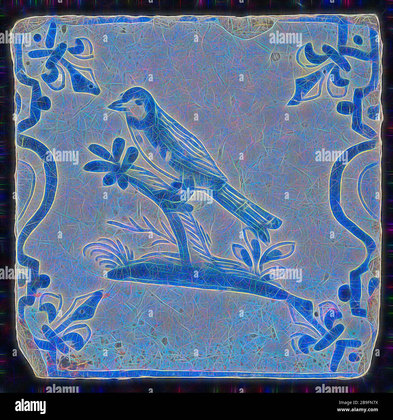 Animal tile, bird on branch on plot to the left between balusters in ...
