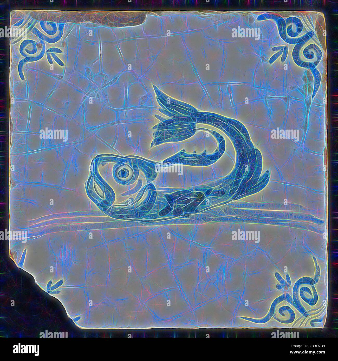 Animal tile, unknown fish in water to the left with open beak and ...