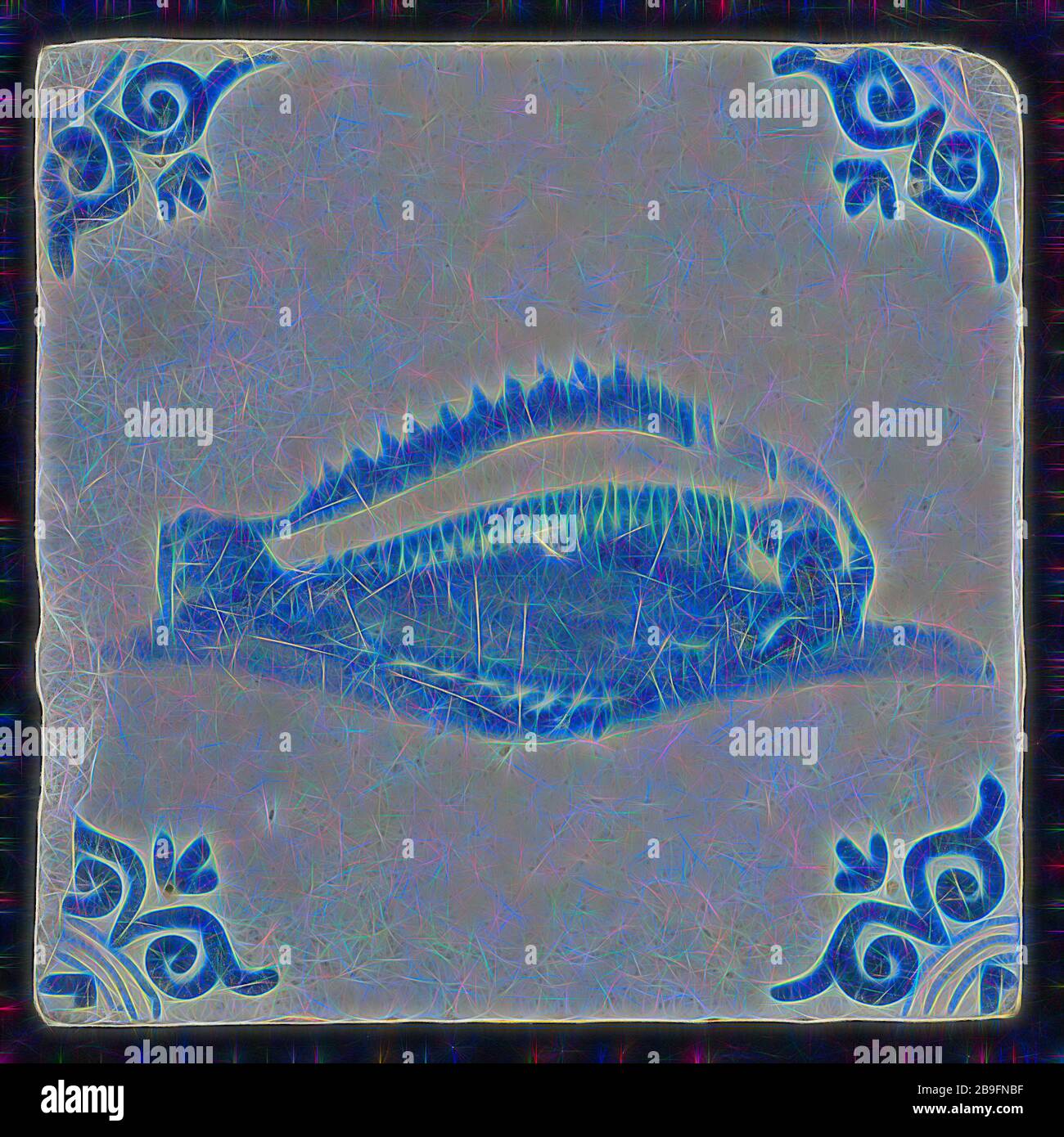 Animal tile, unknown fish in water to the right, in blue on white ...