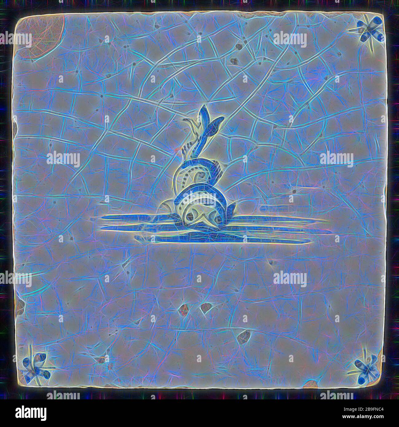 Animal tile, fish with double wound tail in water, in blue on white ...