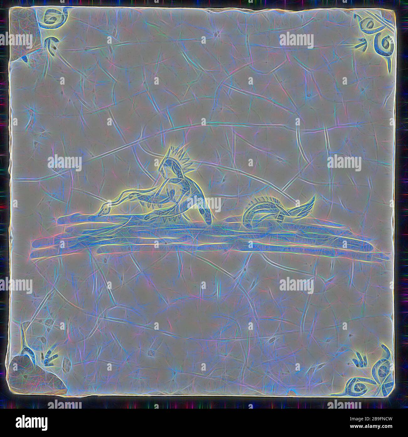 Sea creature tile, man with crown and fish tail, bird in one hand, in ...