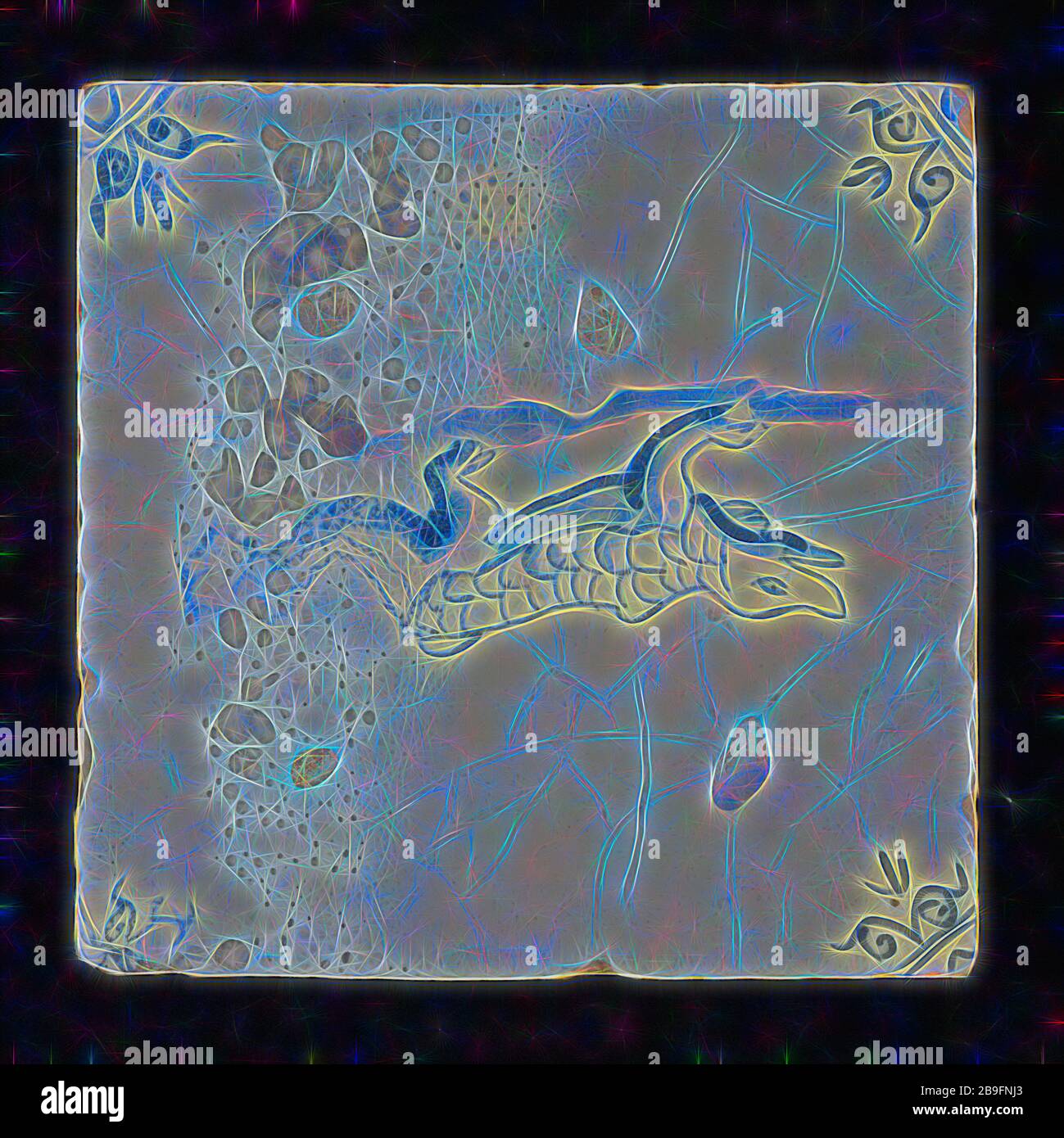 Animal tile, blue on white, crocodile, corner motif ox's head, baking ...