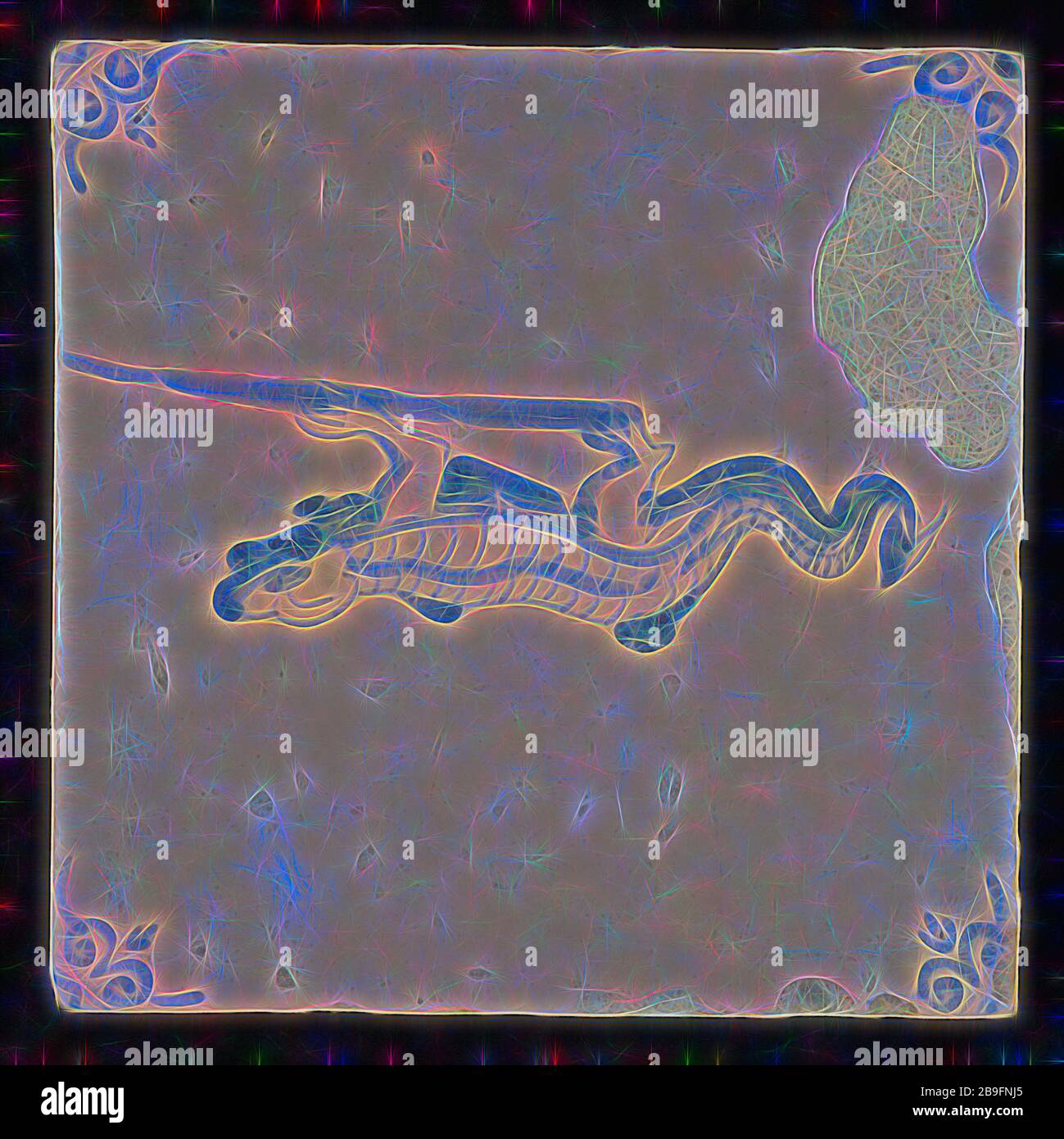 Animal tile, blue on light pink, crocodile, corner pattern ox head ...