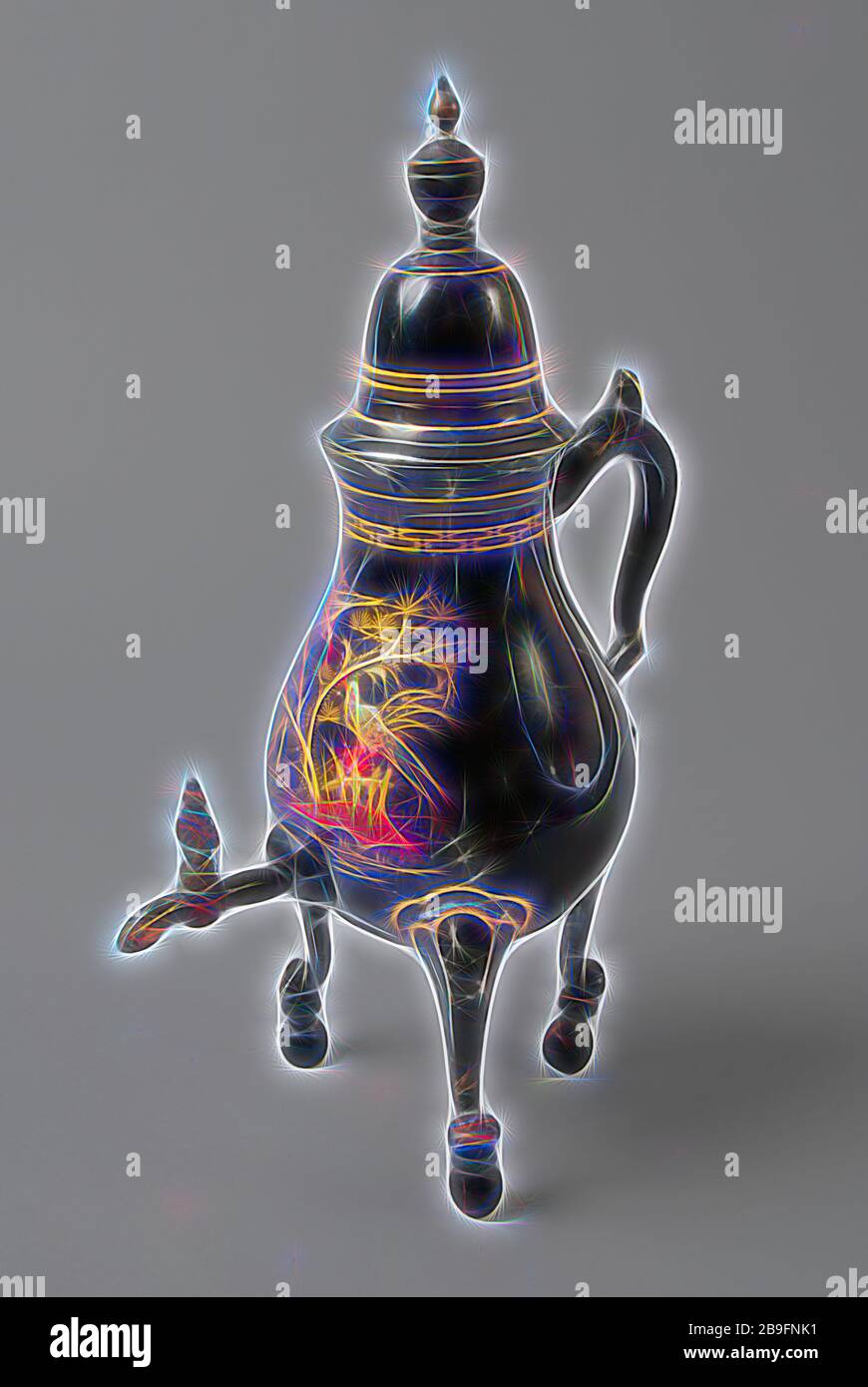 Black lacquered tap jug with decoration in gold, standing on three high ...