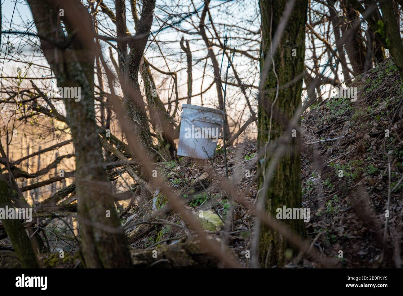 Bucket and other garbage left over in nature Stock Photo - Alamy