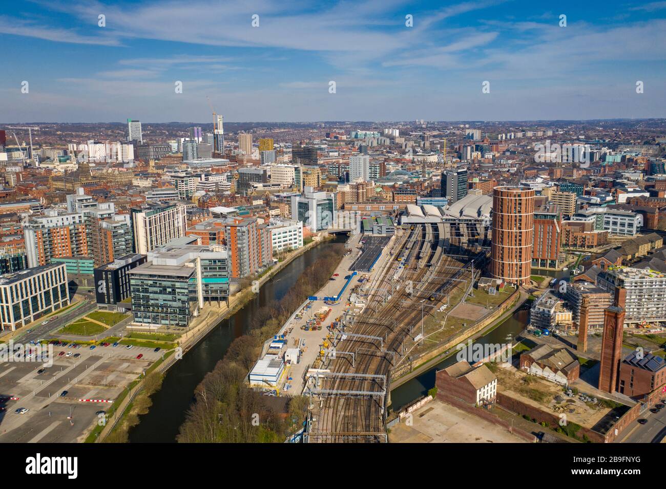Aerial photo of the town centre of Leeds in West Yorkshire, taken on a ...