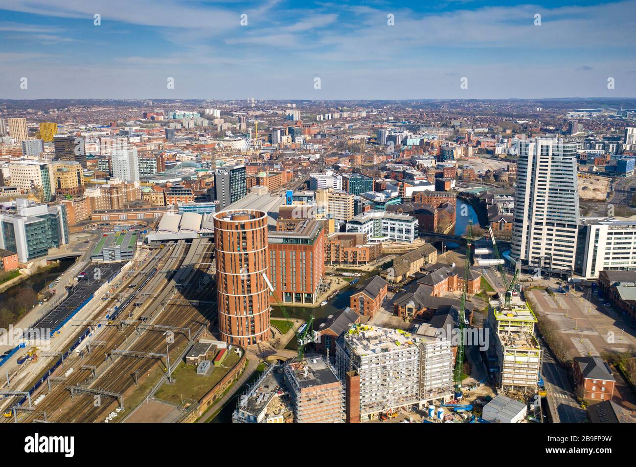 Aerial photo of the town centre of Leeds in West Yorkshire, taken on a ...