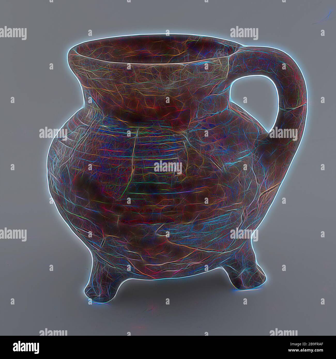 Pottery cooking jug on three legs, sausage ear, fine twisted arms on ...