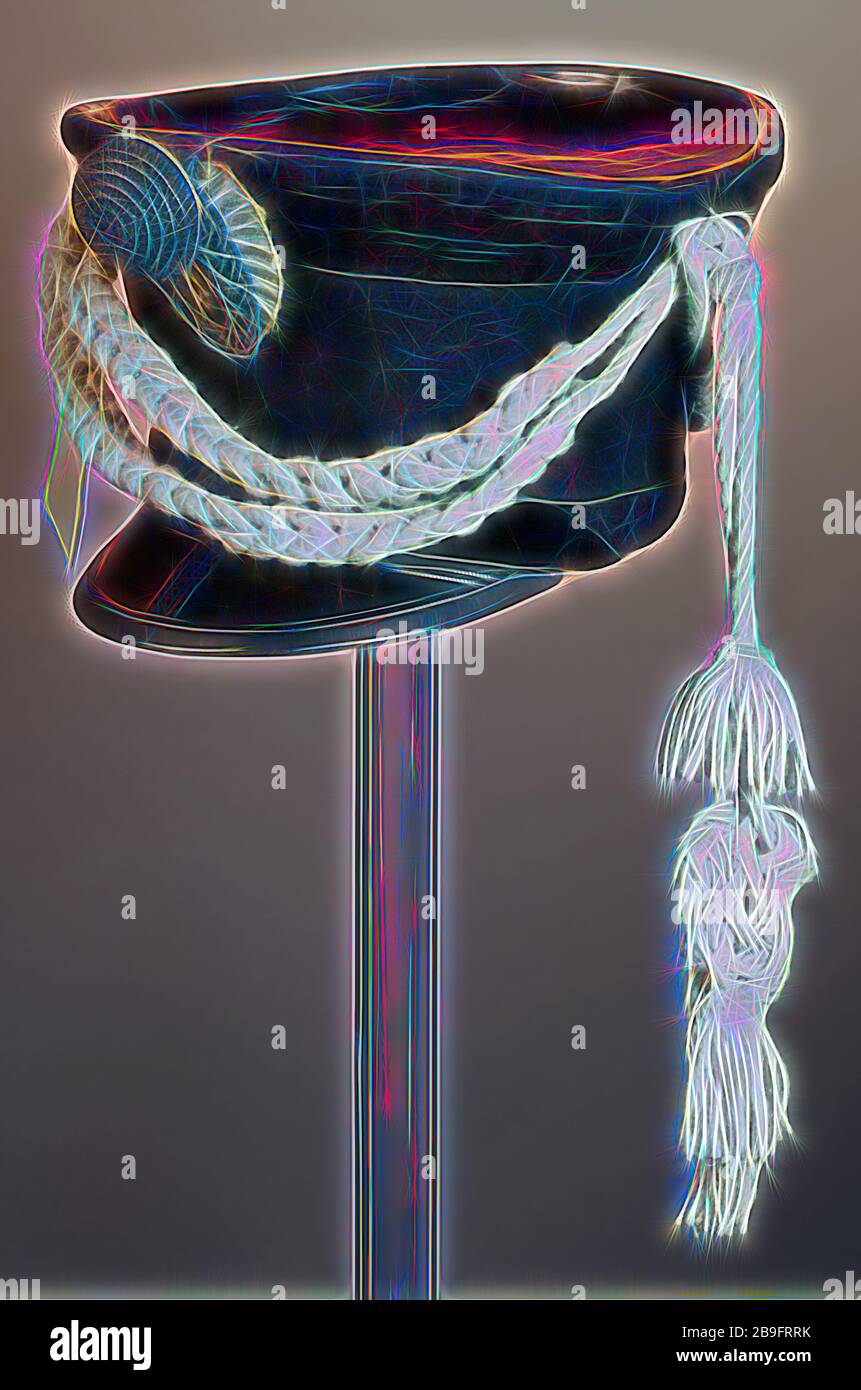 Shako made of black felt, leather top and flap, velvet edge, garnished ...