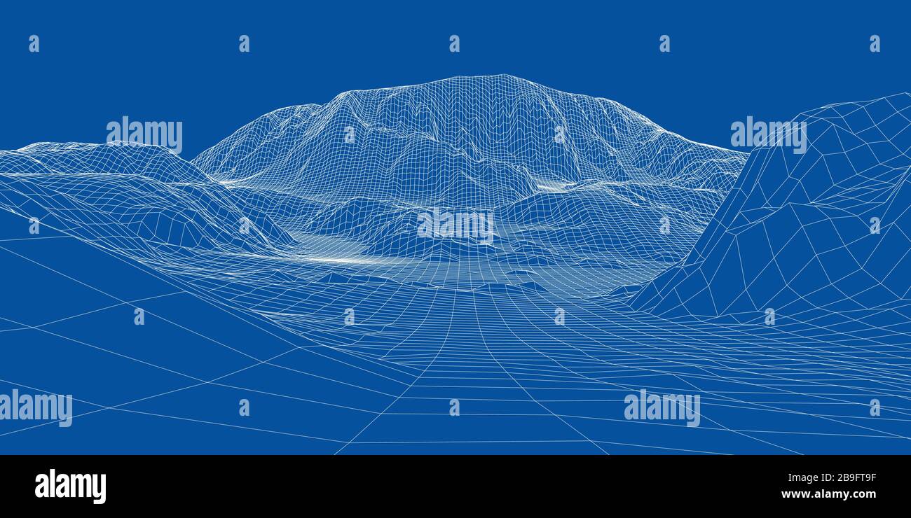 Abstract 3d wire-frame landscape. Blueprint style. Vector rendering ...