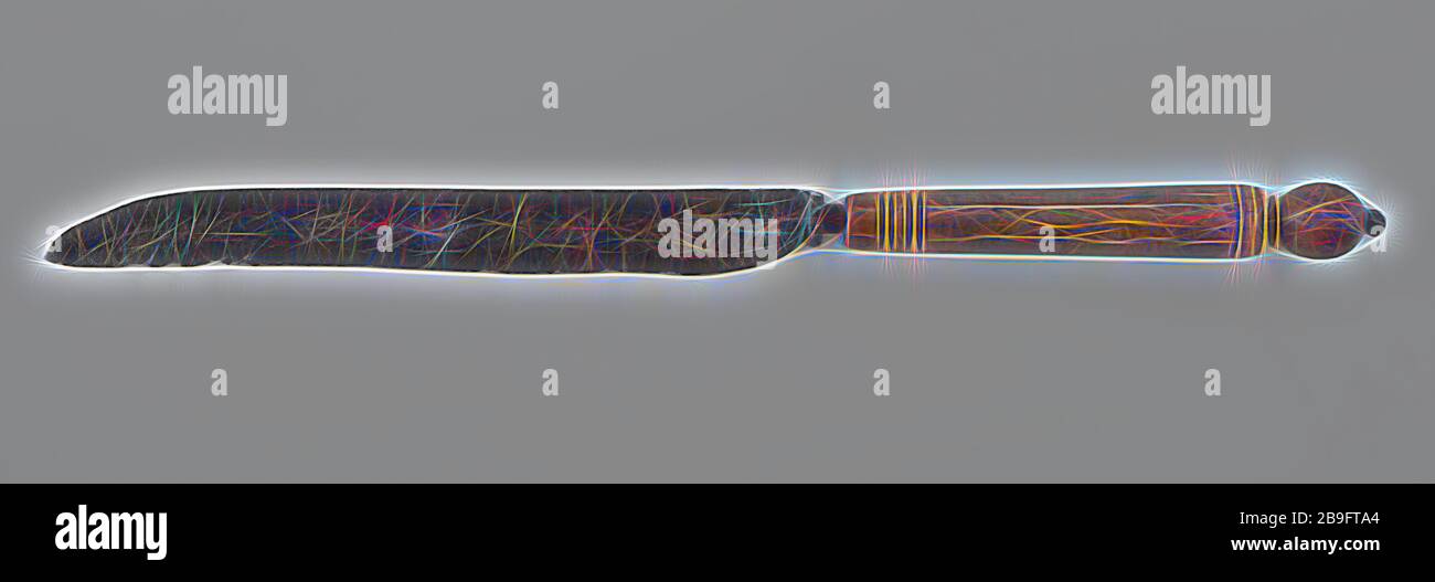 Knife with narrow elongated blade and profiled wooden handle with round ...