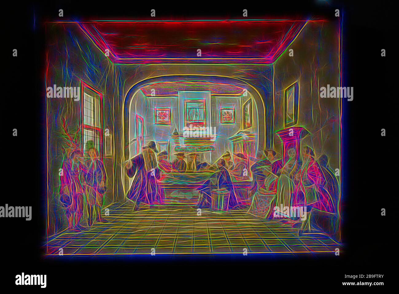 Perspective box of black lacquered wood with three painted glass plates ...