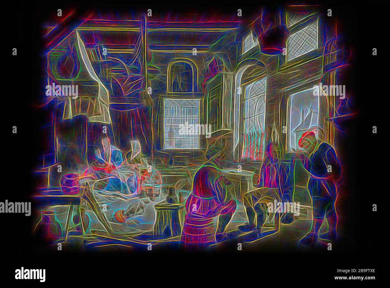 Perspective box of black lacquered wood with three painted glass plates ...