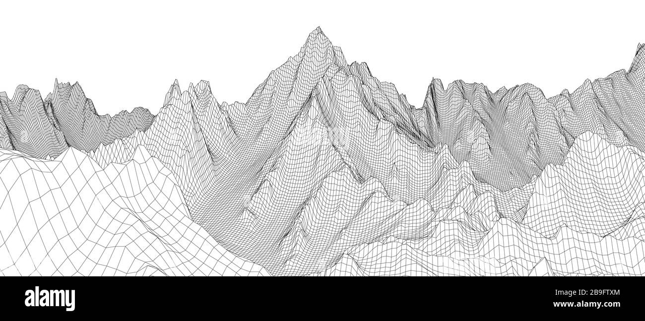 Abstract 3d wire-frame landscape. Blueprint style. Vector rendering ...