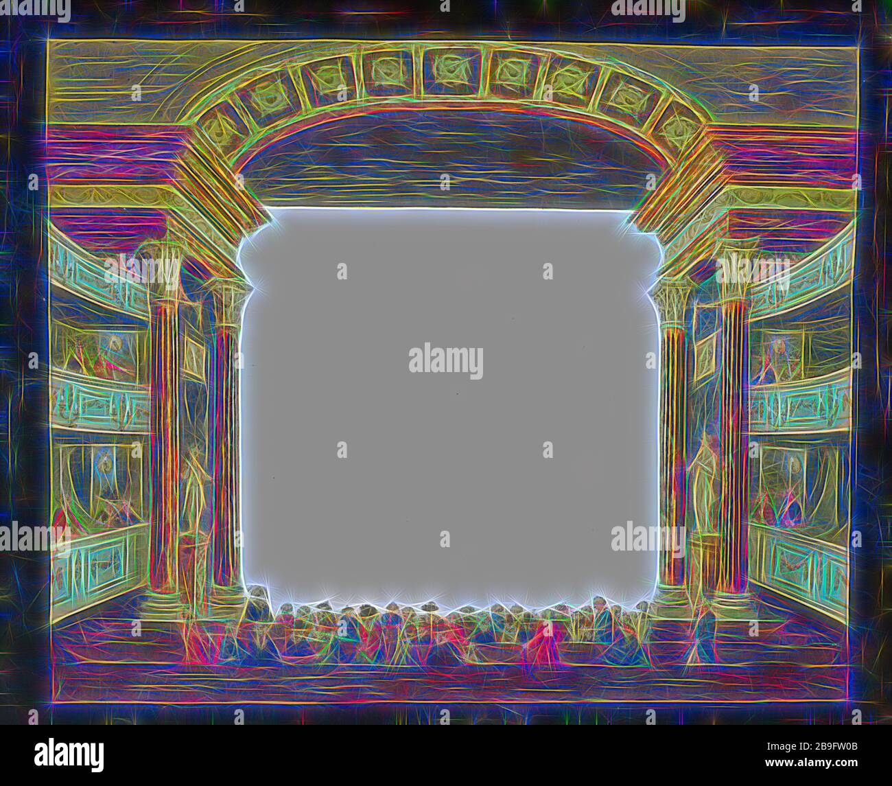 Painted glass plate for perspective box, theater with audience, glass ...