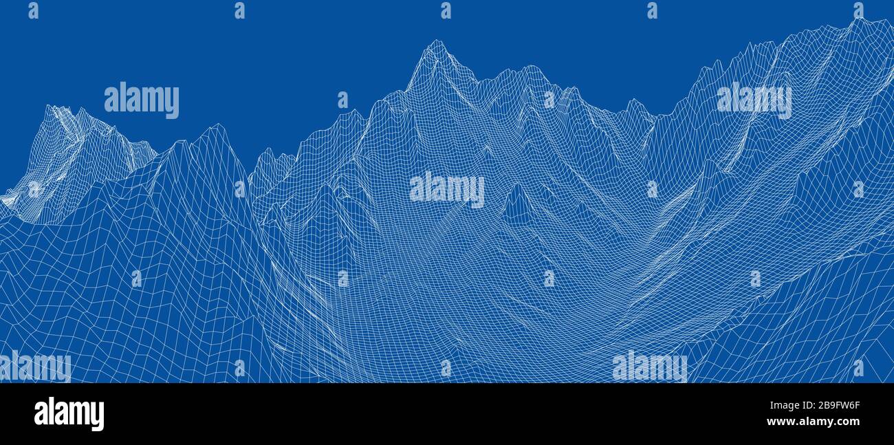 Abstract 3d wire-frame landscape. Blueprint style. Vector rendering ...