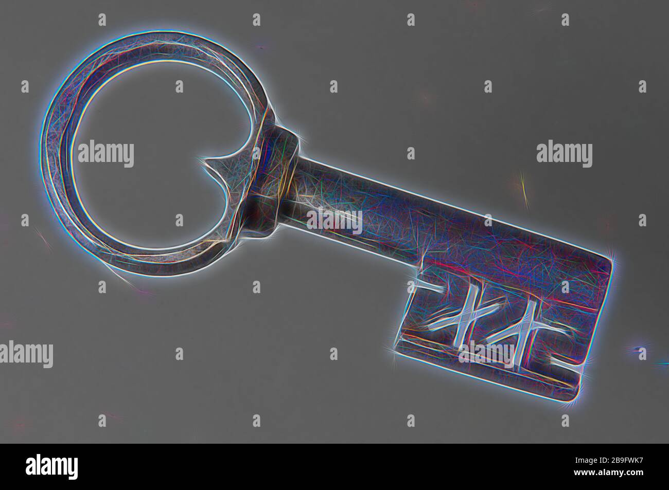 Iron key with heart-shaped eye, hollow key handle, collar and cruciform ...