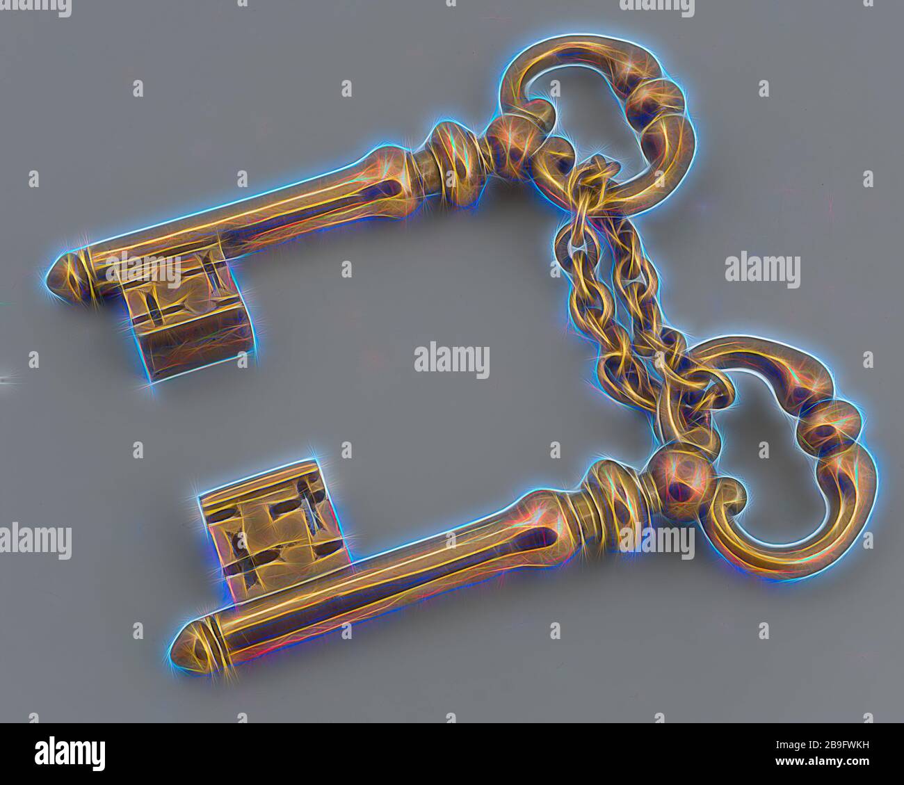 Two gilded copper keys on chain: the so-called city keys, key ironware ...