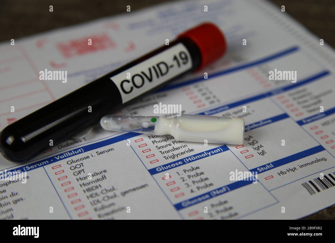 Viersen, Germany - March 22. 2020: Close up of isolated blood sample ...