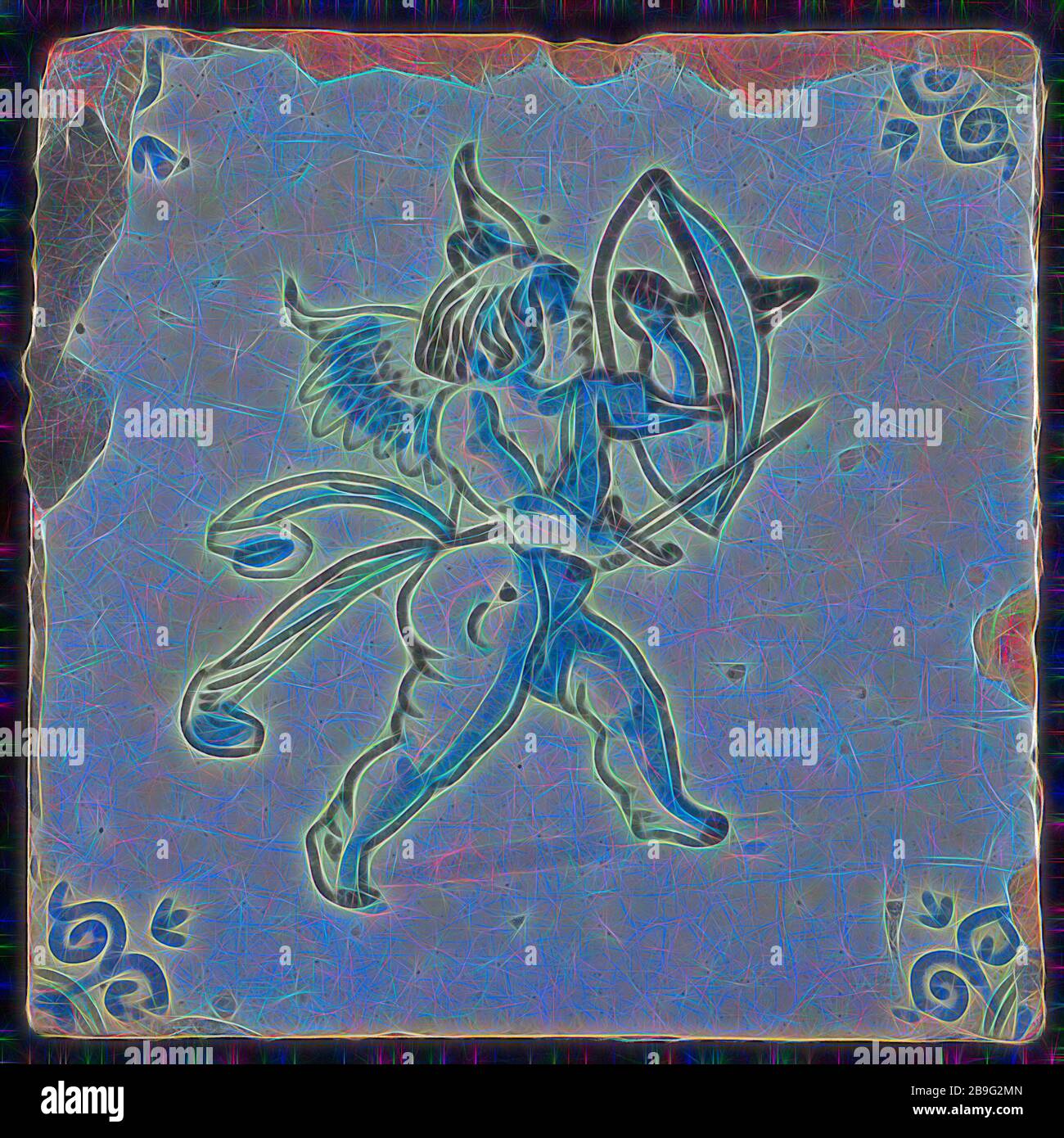 Figure tile, rimmed cupid with shield and sword, corner pattern ox head ...