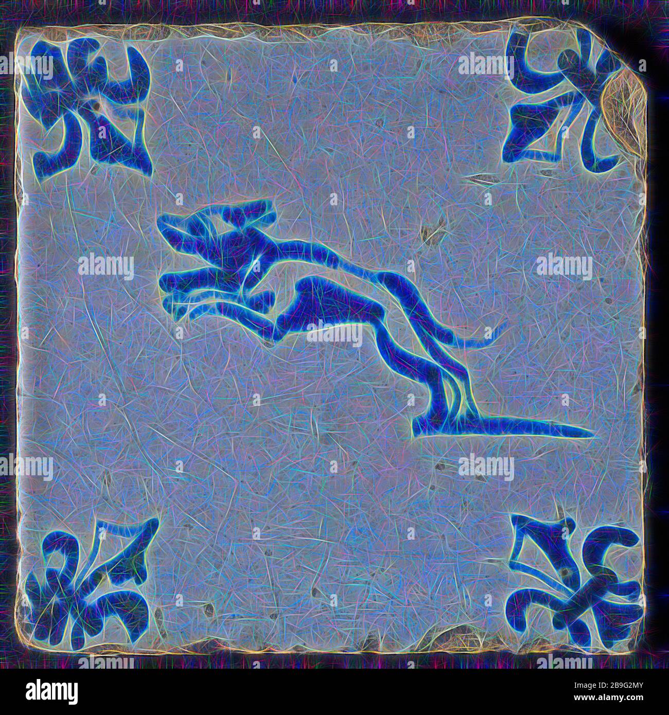 Animal tile, jumping dog, blue on white, corner pattern lily, wall tile ...