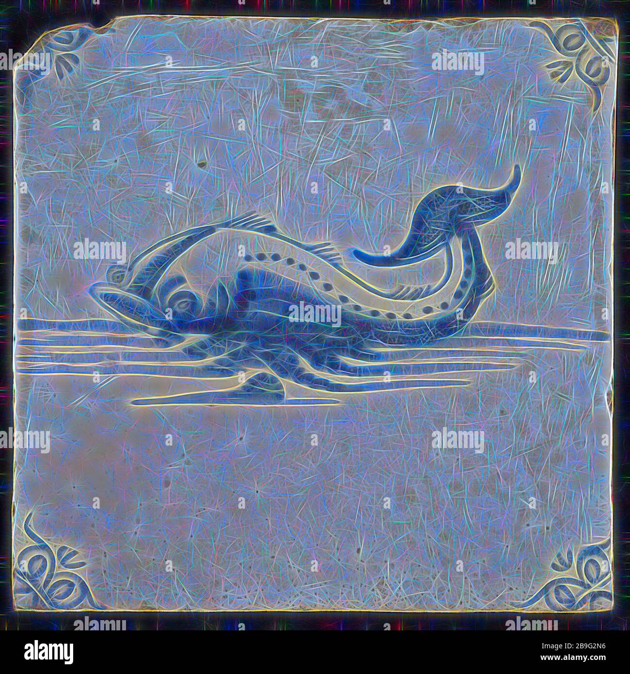 Animal tile, blue on white, fish or dolphin, corner pattern ox head ...