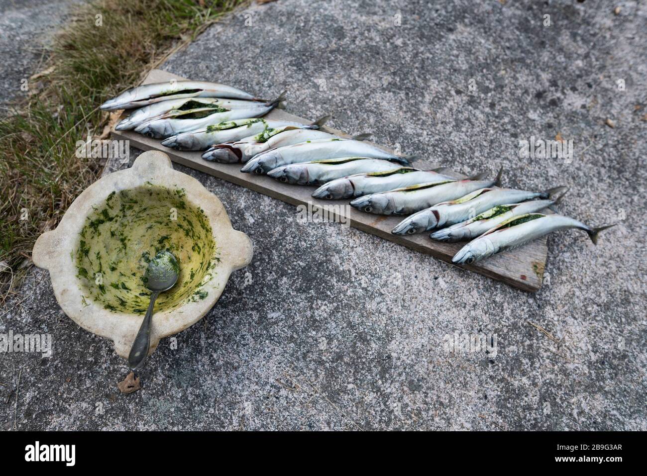 Stuffed fish ready to grill on wood plank on concrete Stock Photo - Alamy