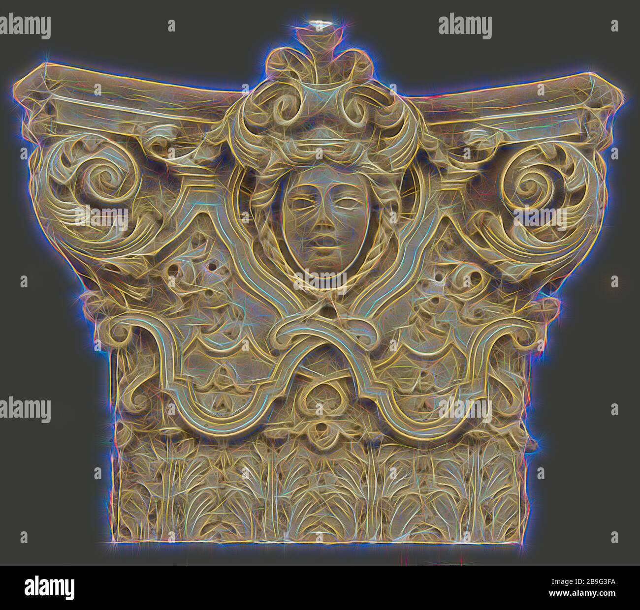 Kapiteel of pilaster, decorated with woman's head and acanthus motifs ...