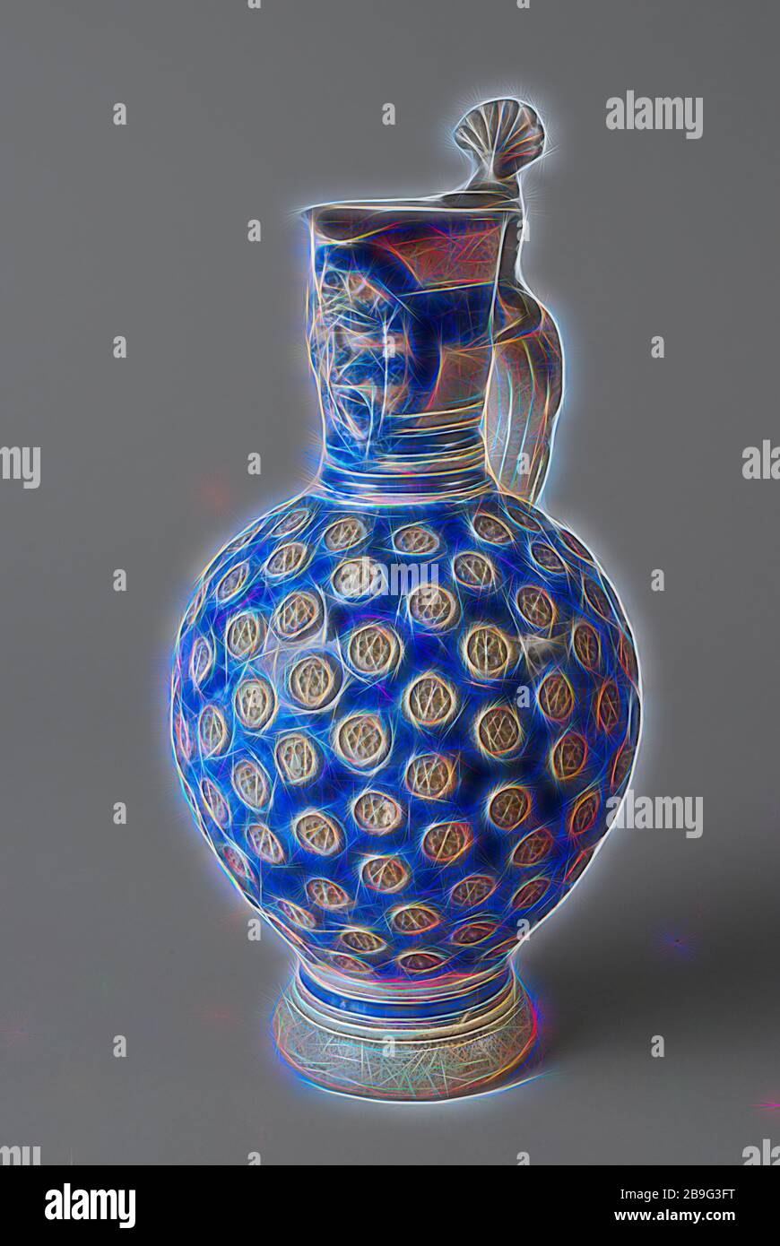 Stoneware jug with tin lid, covered with small rosettes and lion head ...