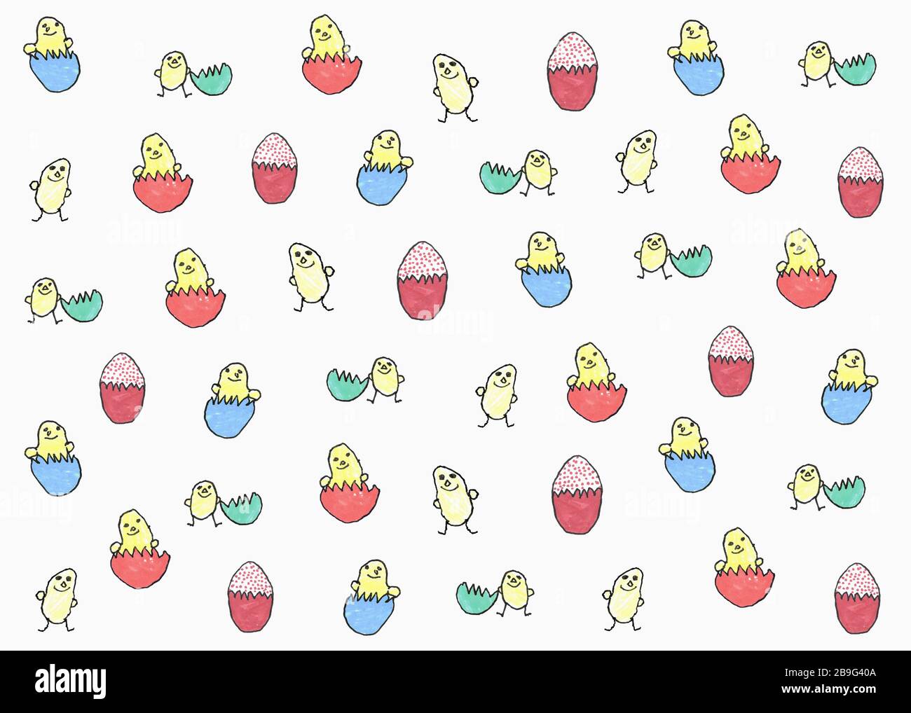 Childs drawing of chicks hatching from multi colored eggs Stock Photo ...