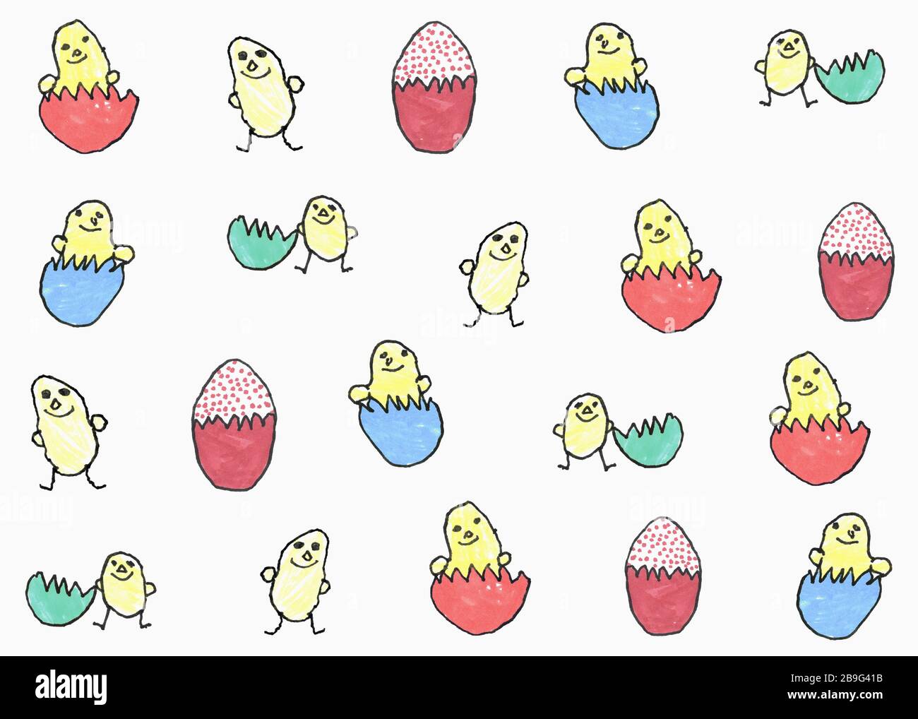 Childs drawing of chicks hatching from multi colored eggs Stock Photo ...