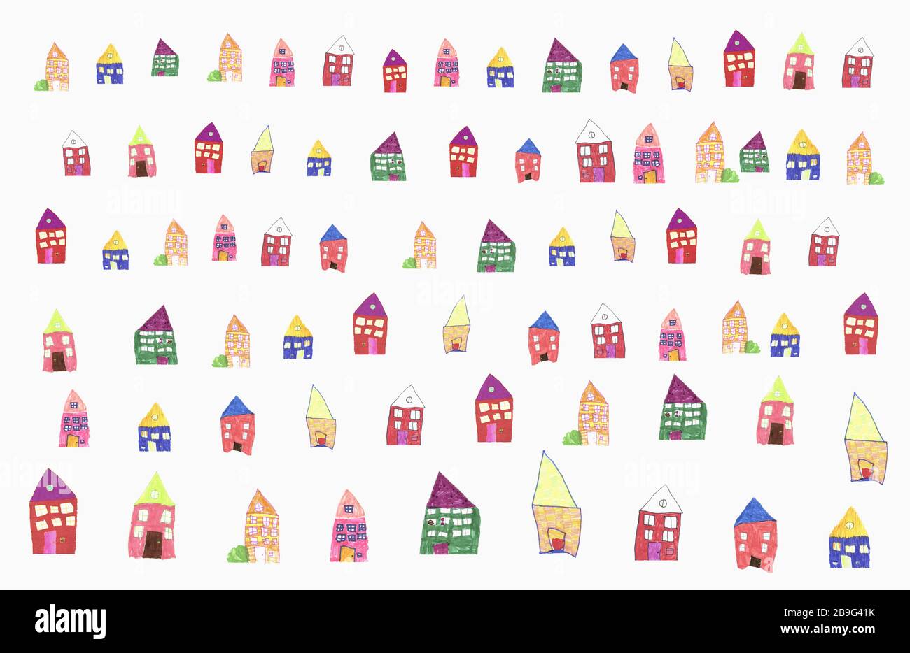 Childs drawing of multi colored houses in a row on white background ...