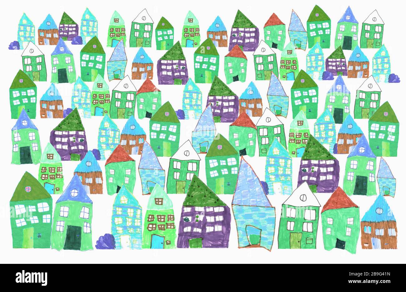 Childs drawing of multi colored houses Stock Photo - Alamy