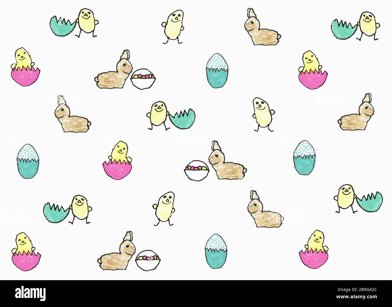 Childs drawing of Easter bunnies and chicks in eggs Stock Photo - Alamy
