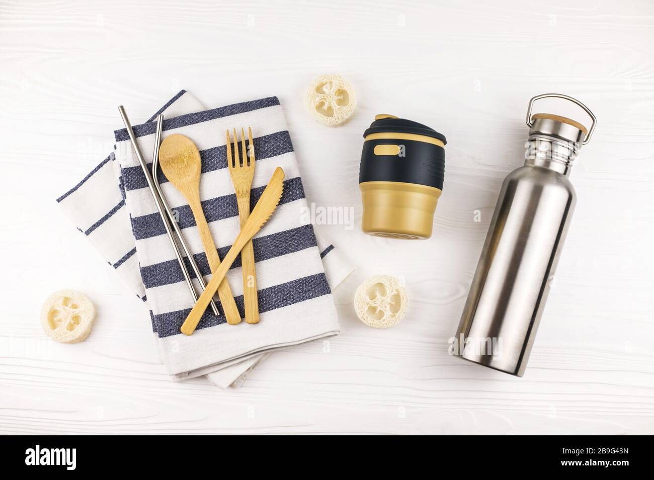 Eco set with bamboo cutlery, reusable coffee mug and water bottle with ...