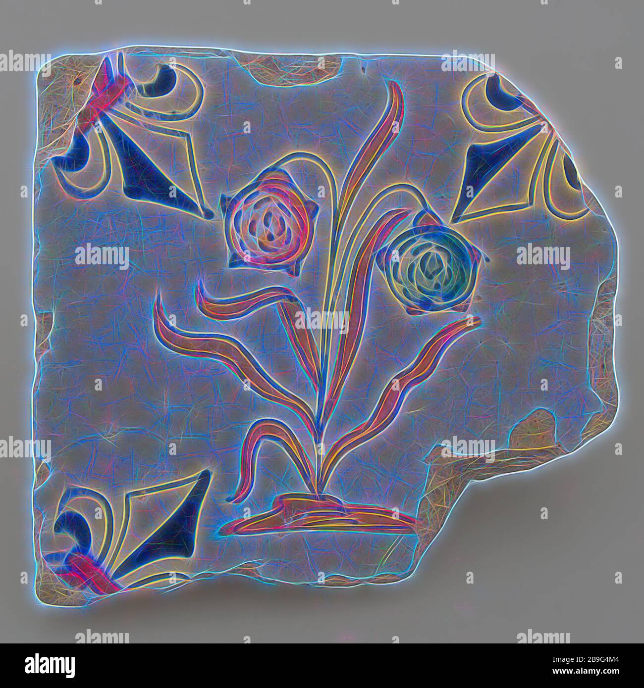 Tile, flower tile with two flowers on plant, fleur de lis as corner ...